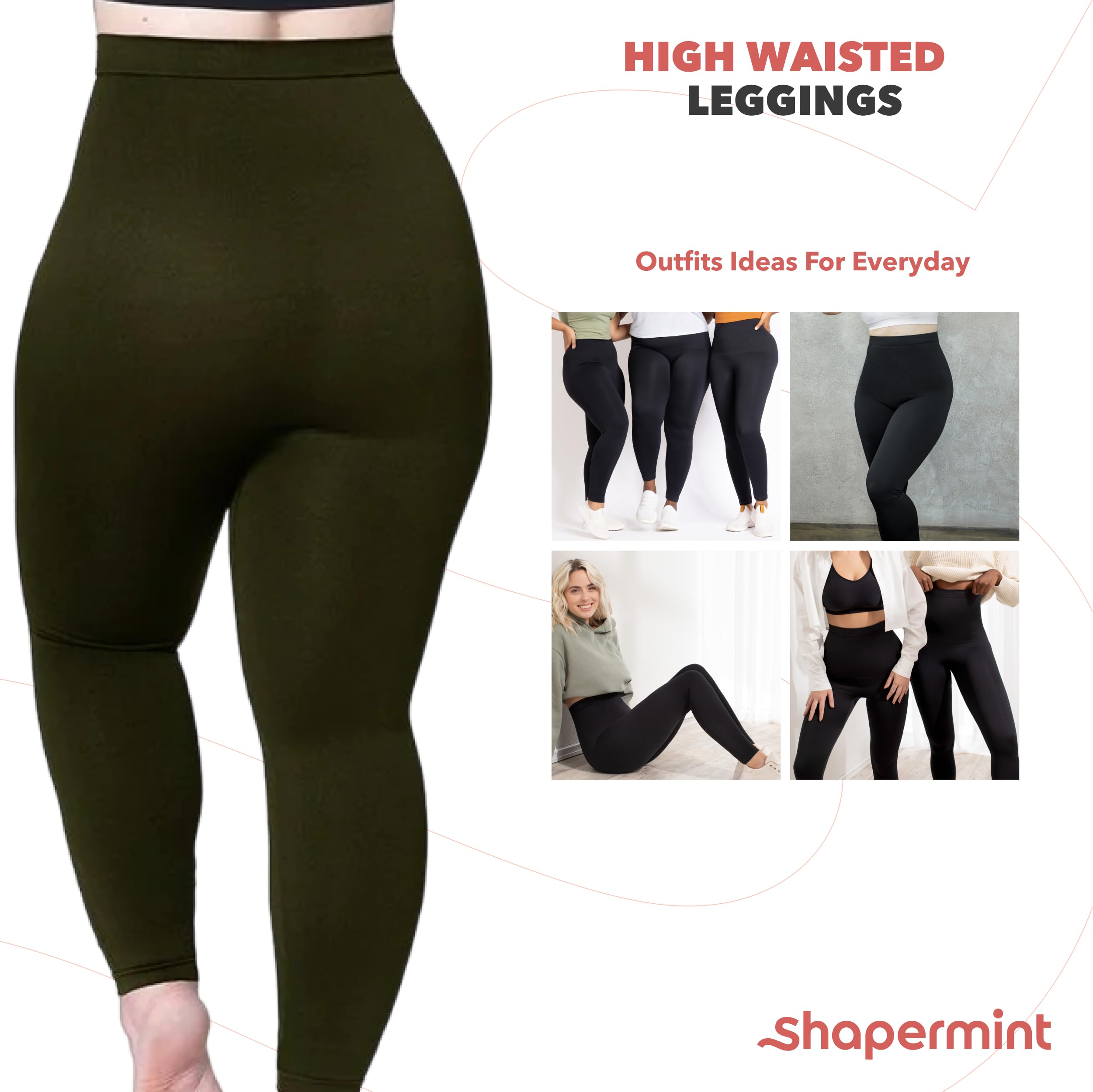 SHAPERMINT Leggings for Women Tummy Control - High Waisted Shapewear Leggings, Womens Plus Size, Thick Non-See-Through Black