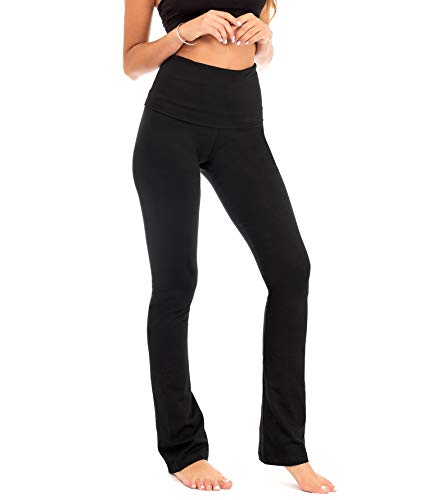 DEAR SPARKLE Bootcut Fold Over Leggings for Women | Slim Look Bootleg Yoga Pants w Pocket + Plus Size (C5 F) (Black, Large)