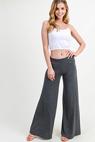 YELETE Women's Fashion Colorful Printed High Waist Fold Over Wide Leg Palazzo Pants (Medium, Heather Charcoal)