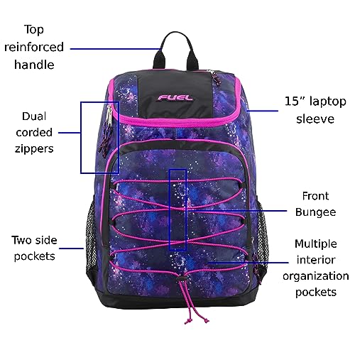 FUEL Wide Mouth Sports Luggage Backpack with Front Bungee and Inner Tech Pocket, Black/Hot Pink/Galaxy Print