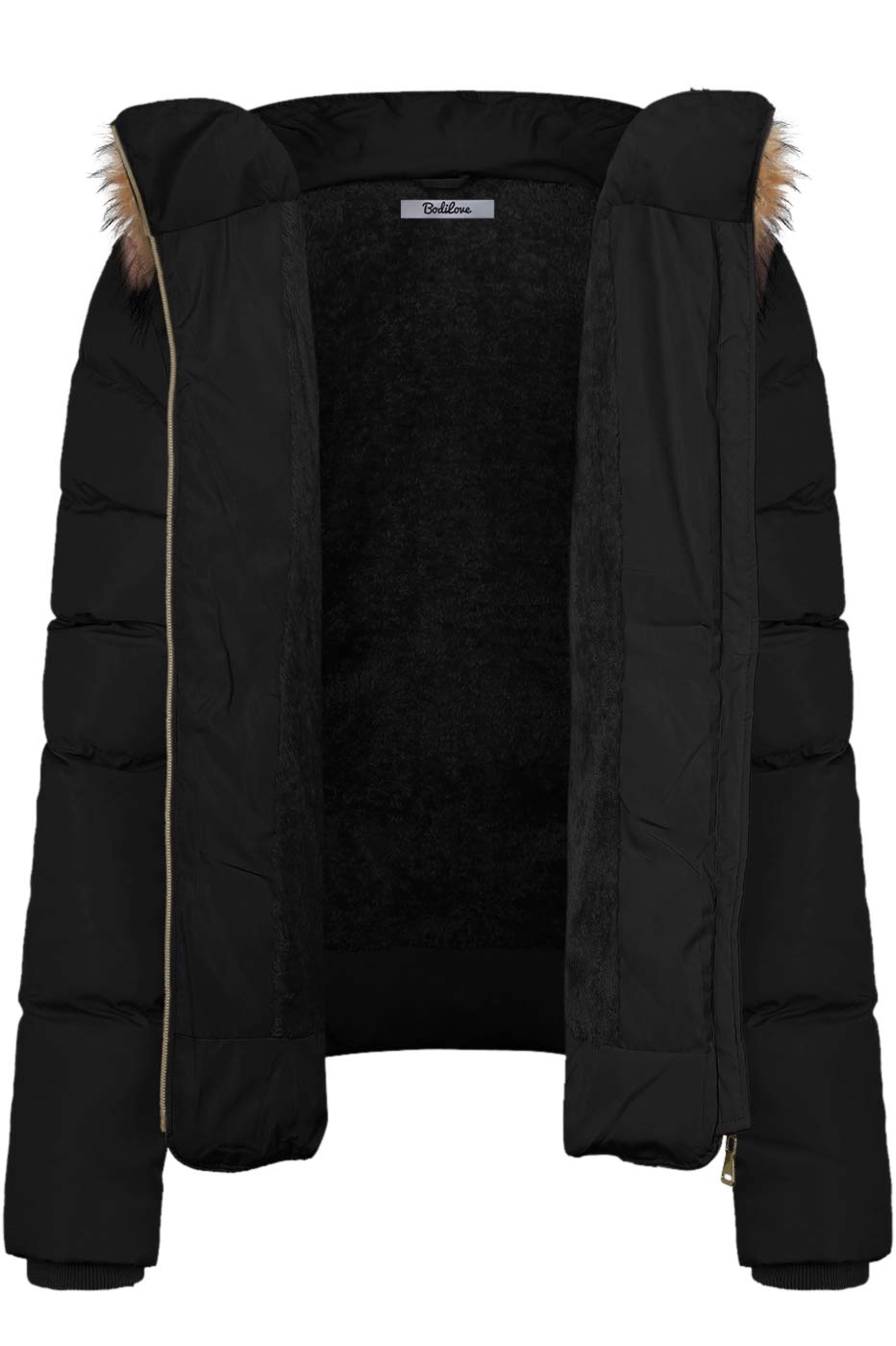 BodiLove Thickened Winter Puffer Jacket with Removable Faux Fur Hood Fleece Lining Black