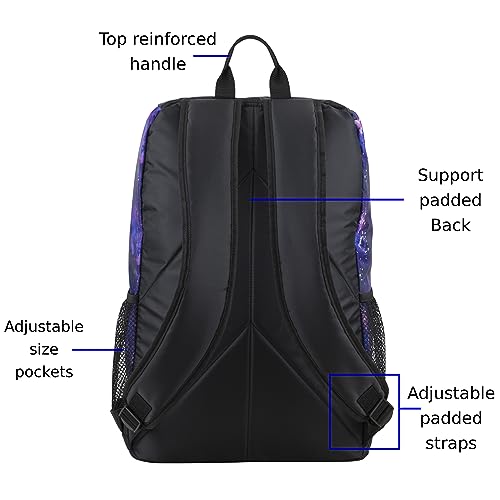 FUEL Wide Mouth Sports Luggage Backpack with Front Bungee and Inner Tech Pocket, Black/Hot Pink/Galaxy Print