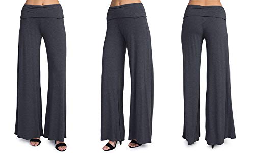 YELETE Women's Fashion Colorful Printed High Waist Fold Over Wide Leg Palazzo Pants (Medium, Heather Charcoal)