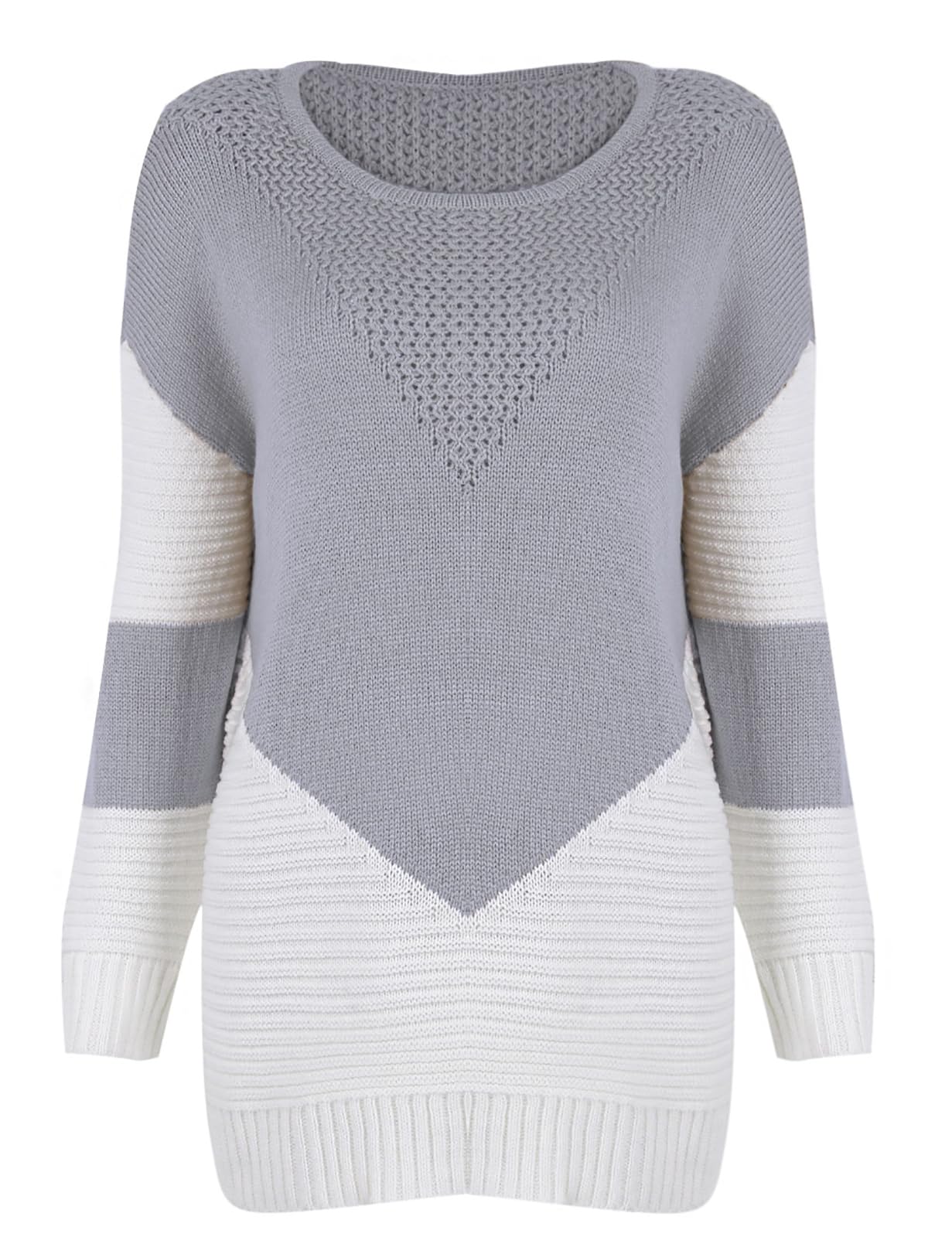 shermie Women's V Shap Colorblock Sweaters Long Sleeve Crew Neck Loose Casual Knitted Pullover Large Grey