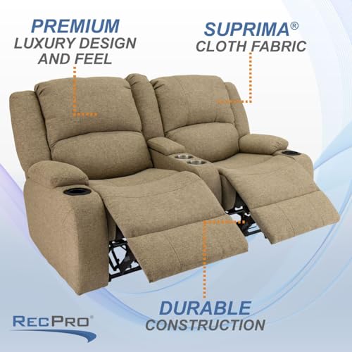 RecPro Charles 67" Double Recliner RV Sofa with Console and Cupholders | Zero Wall Loveseat for Camper | Wall Hugger Couch | Fifth Wheel Theater Seating | Replacement RV Furniture | Oatmeal Cloth