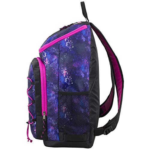 FUEL Wide Mouth Sports Luggage Backpack with Front Bungee and Inner Tech Pocket, Black/Hot Pink/Galaxy Print