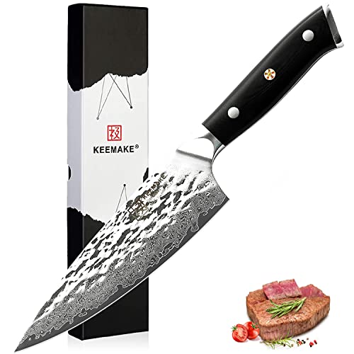 KEEMMAKE Damascus Chef's Knife, 6.5 Inch Gyutou with Hammered AUS-10 Blade, Professional Kitchen Knife with G10 Handle