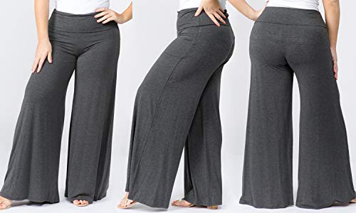 YELETE Women's Fashion Colorful Printed High Waist Fold Over Wide Leg Palazzo Pants (Medium, Heather Charcoal)