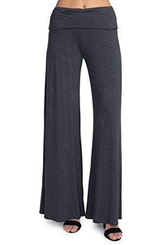 YELETE Women's Fashion Colorful Printed High Waist Fold Over Wide Leg Palazzo Pants (Medium, Heather Charcoal)