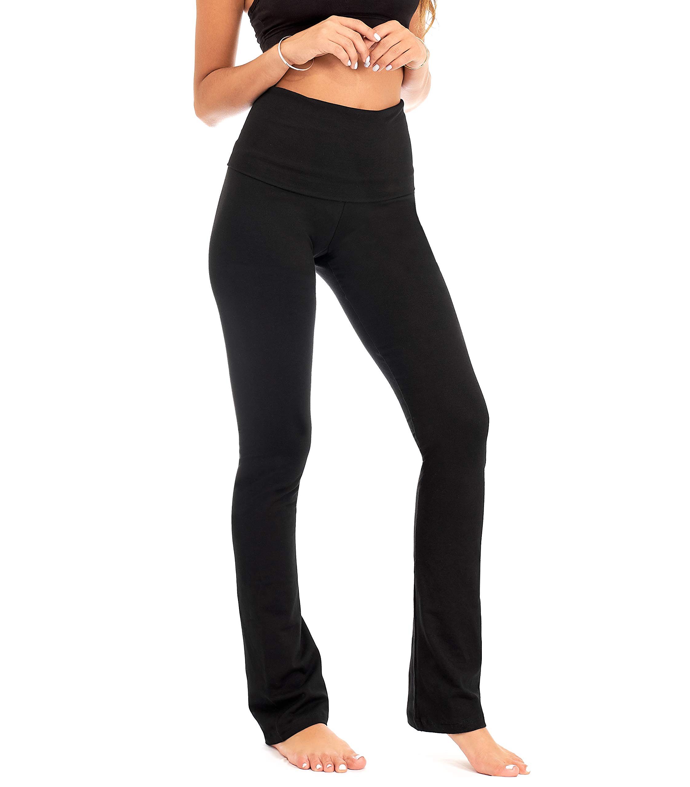 DEAR SPARKLE Bootcut Fold Over Leggings for Women | Slim Look Bootleg Yoga Pants w Pocket + Plus Size (C5 F) (Black, Small)