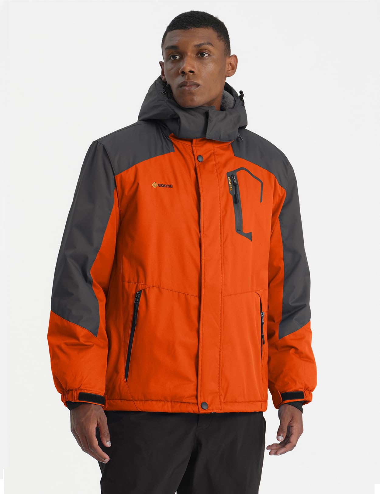 GEMYSE Men's Mountain Waterproof Ski Snow Jacket Winter Windproof Rain Jacket (Orange Grey,Large)