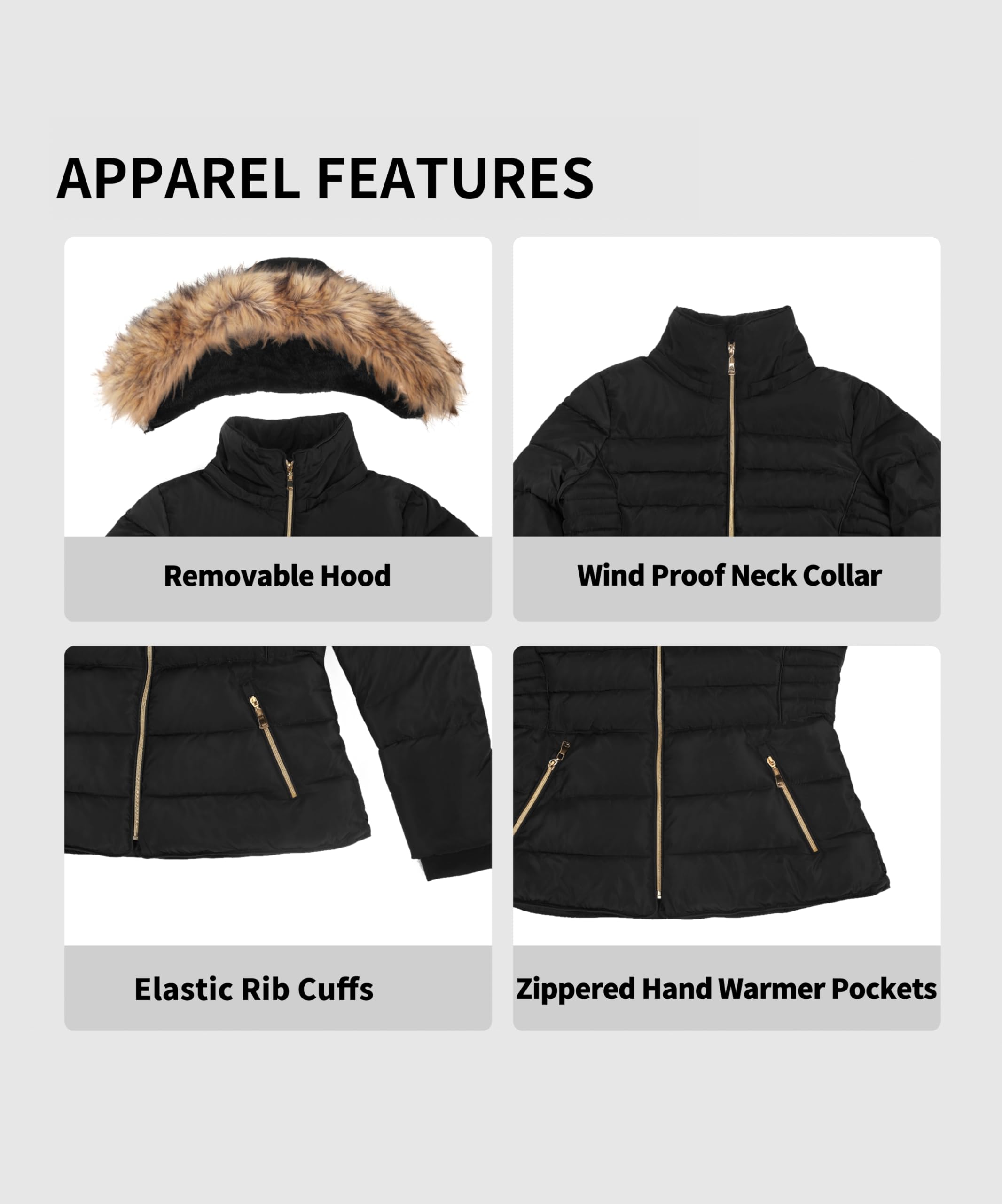BodiLove Thickened Winter Puffer Jacket with Removable Faux Fur Hood Fleece Lining Black