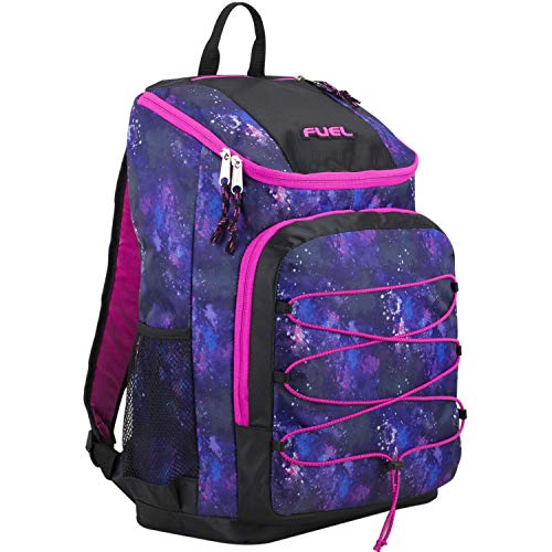 FUEL Wide Mouth Sports Luggage Backpack with Front Bungee and Inner Tech Pocket, Black/Hot Pink/Galaxy Print