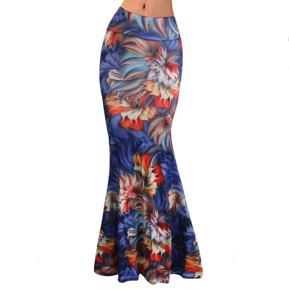 Xixiuly Womens High Waist Floor Length Maxi Skirt Fold Over Waist Long Maxi Skirt Plus Size Versatile Skirt Elephant Skirt(Navy Floral,M)