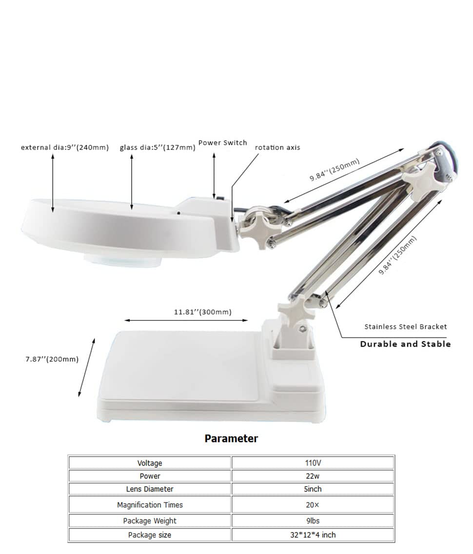 INTBUYING 20X Magnifier,110V Folding LED Desk Lamp Amplification Magnifier, 5" White Glass Lens,Adjustable Table Magnifier with Light, for Reading and Working