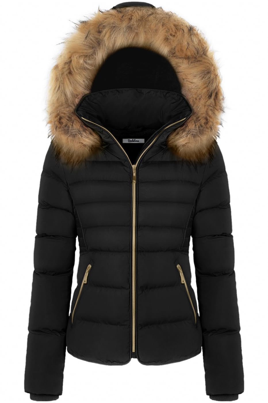 BodiLove Thickened Winter Puffer Jacket with Removable Faux Fur Hood Fleece Lining Black