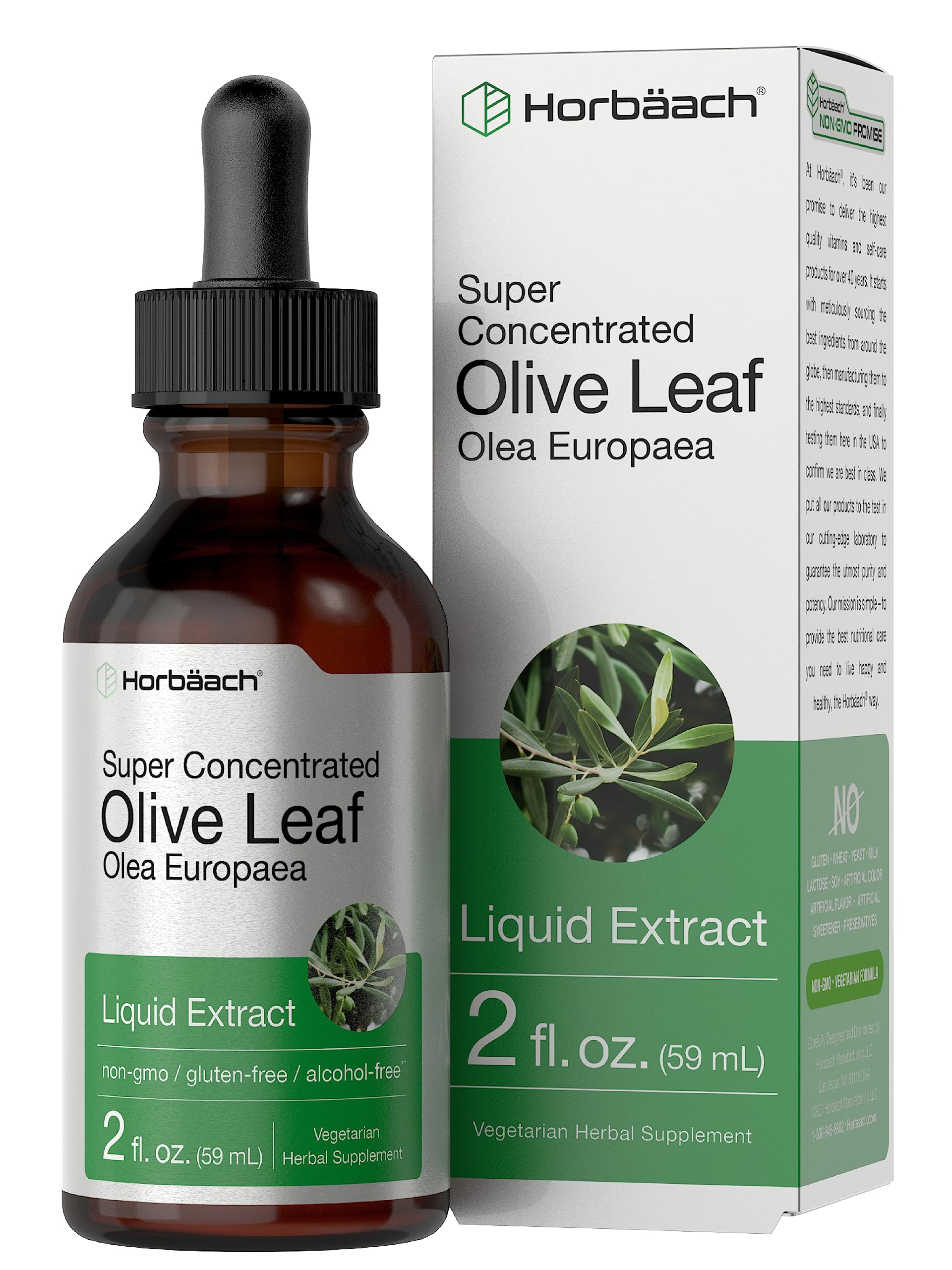 Horbäach Olive Leaf Extract Liquid | 2 fl oz | Vegetarian Drops | Alcohol Free, Non-GMO, Gluten Free Supplement
