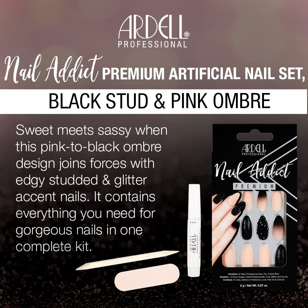 Ardell Nail Addict Premium Press On Nails - 24 False Nails Black Stud & Pink Ombre Jeweled And Matte, Reusable Artificial Acrylic Nail Kit for DIY Manicure