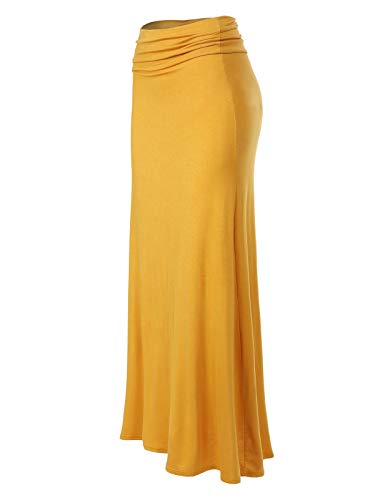 MixMatchy Women's Basic Foldable High Waist Regular and Plus Size Maxi Skirts Mustard 2XL