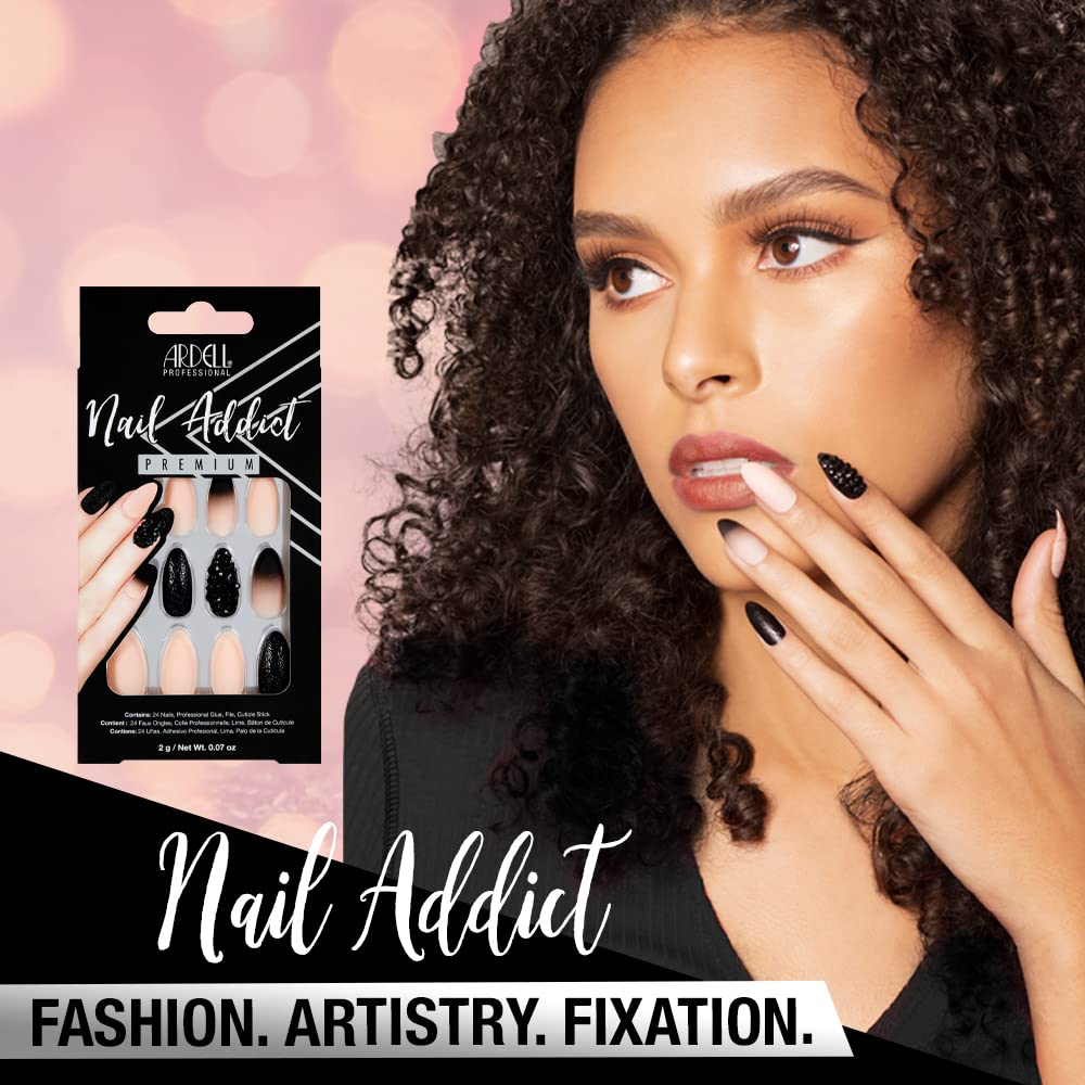 Ardell Nail Addict Premium Press On Nails - 24 False Nails Black Stud & Pink Ombre Jeweled And Matte, Reusable Artificial Acrylic Nail Kit for DIY Manicure