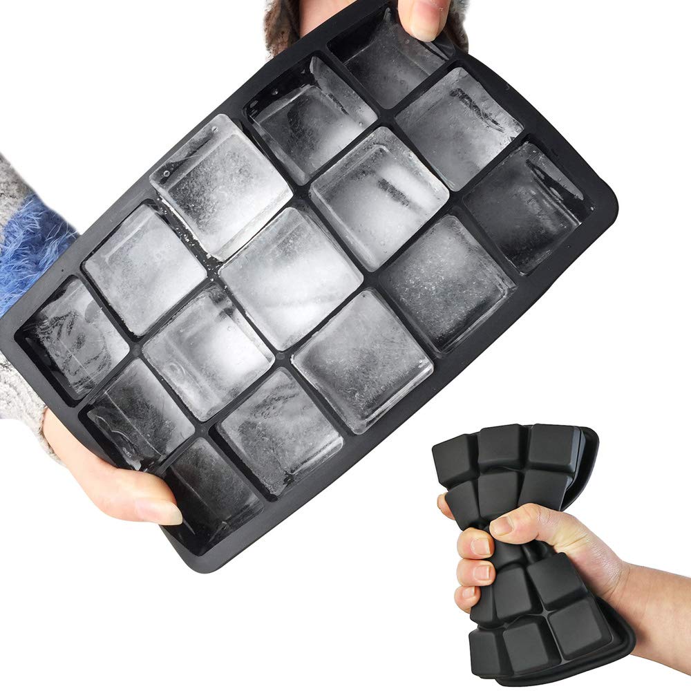 Silicone Ice Cube Trays with No Leaking Lid, Easy-Release and Flexible 15- Cavities Square Ice Cube Mold, Set of 2, No odors and Stackable