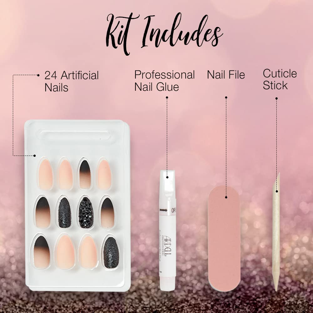 Ardell Nail Addict Premium Press On Nails - 24 False Nails Black Stud & Pink Ombre Jeweled And Matte, Reusable Artificial Acrylic Nail Kit for DIY Manicure