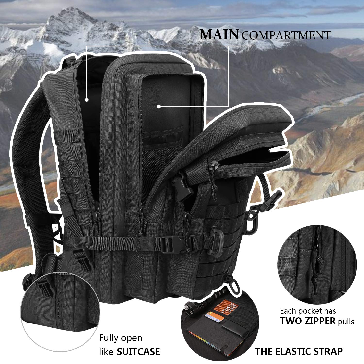 Hannibal Tactical MOLLE Assault Backpack, Tactical Backpack Military Army Camping Rucksack, 3-Day Pack Trip w/USA Flag Patch, D-Rings, Black
