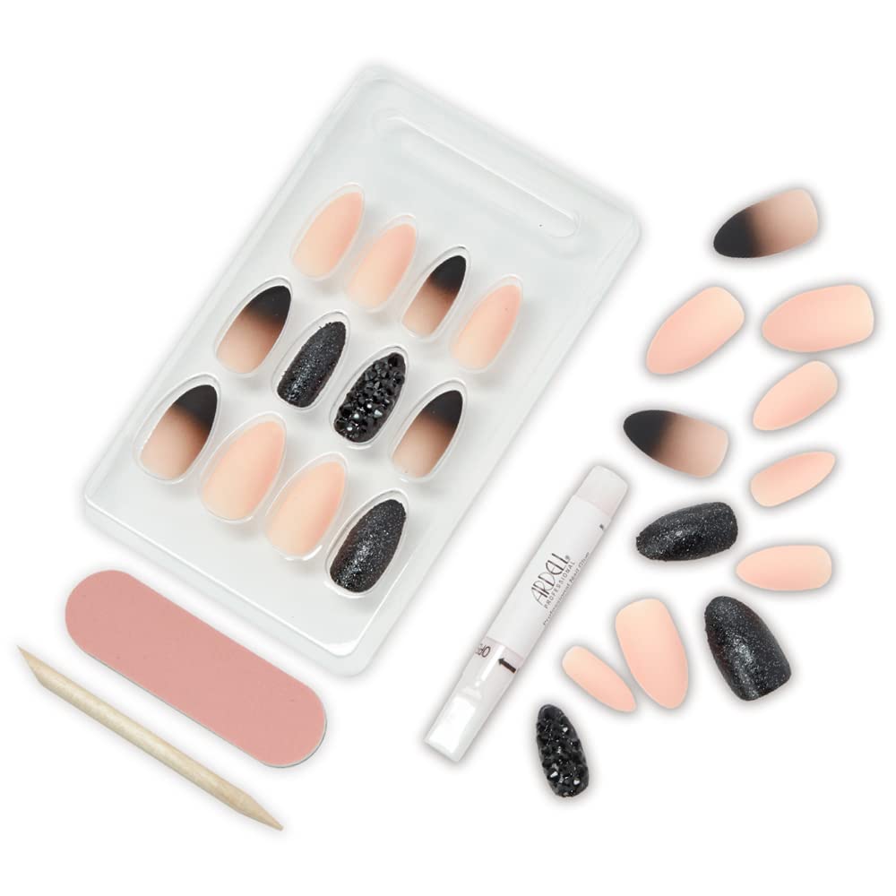 Ardell Nail Addict Premium Press On Nails - 24 False Nails Black Stud & Pink Ombre Jeweled And Matte, Reusable Artificial Acrylic Nail Kit for DIY Manicure