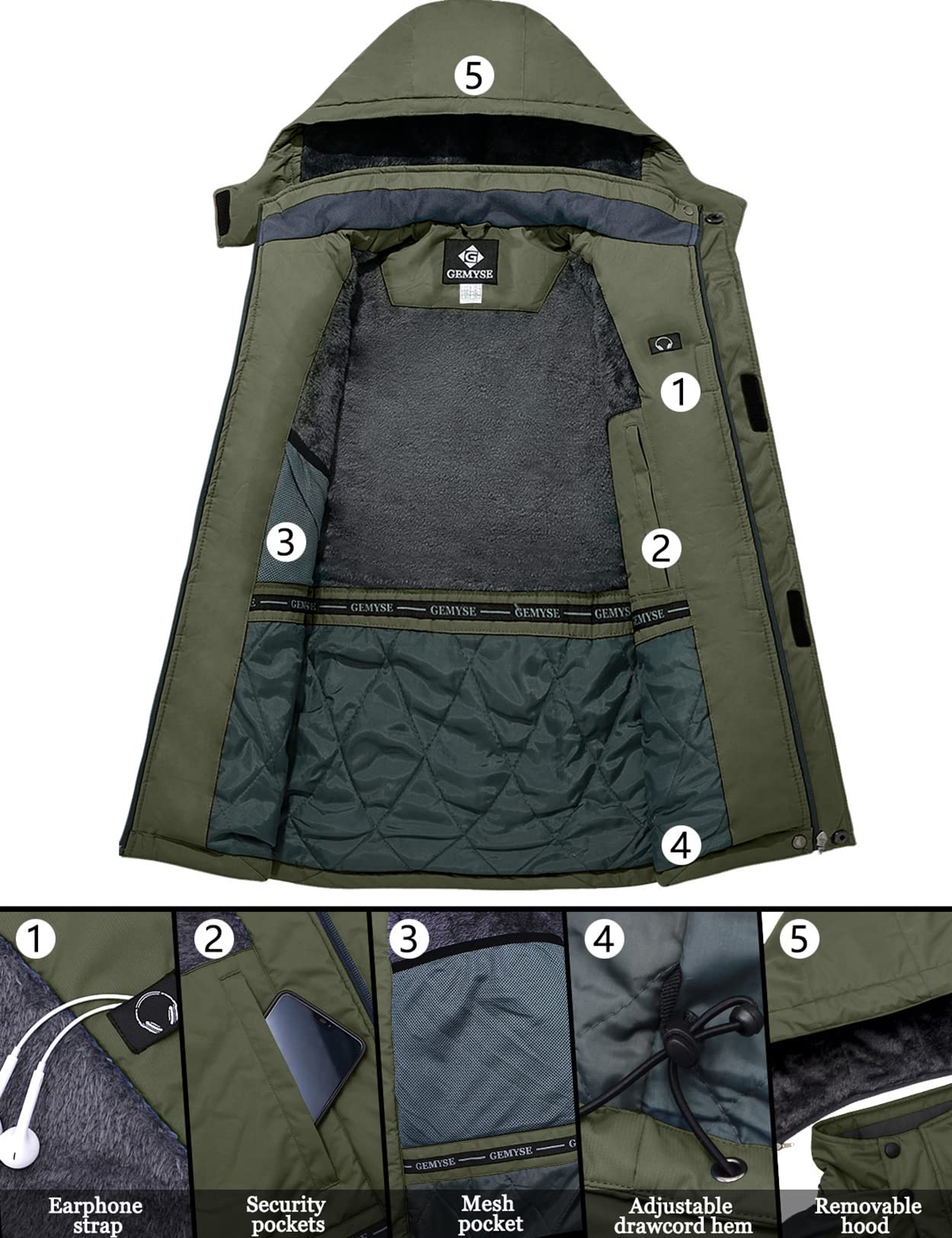 GEMYSE Men's Mountain Waterproof Ski Snow Jacket Winter Windproof Rain Jacket (Army Green,Medium)