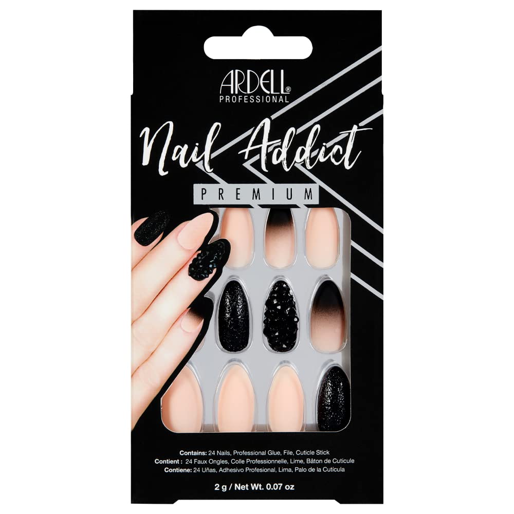 Ardell Nail Addict Premium Press On Nails - 24 False Nails Black Stud & Pink Ombre Jeweled And Matte, Reusable Artificial Acrylic Nail Kit for DIY Manicure