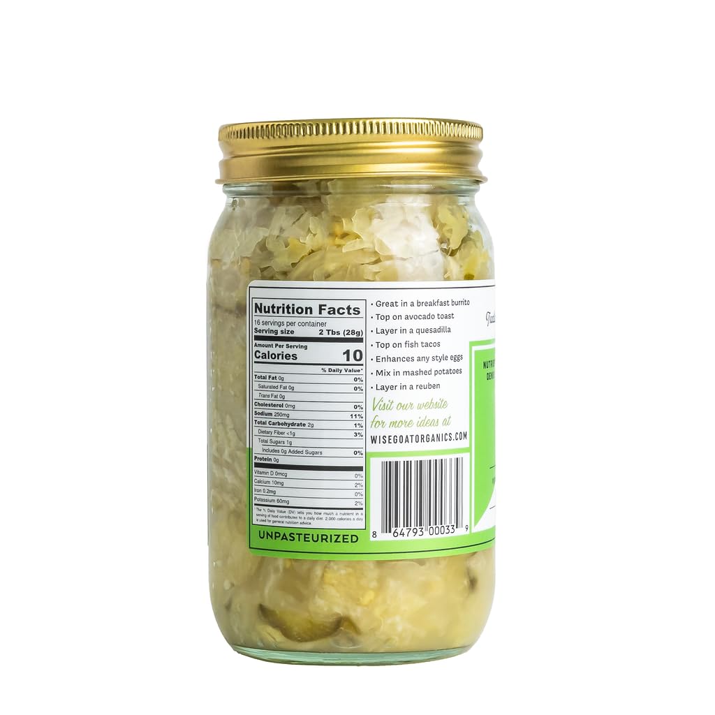 Raw Organic Fermented Probiotic Sauerkraut, "Jalapeno" Variety [Vegan, Gluten Free, Non-GMO, Probiotic] 16oz Glass Jar by Wise Goat Organics