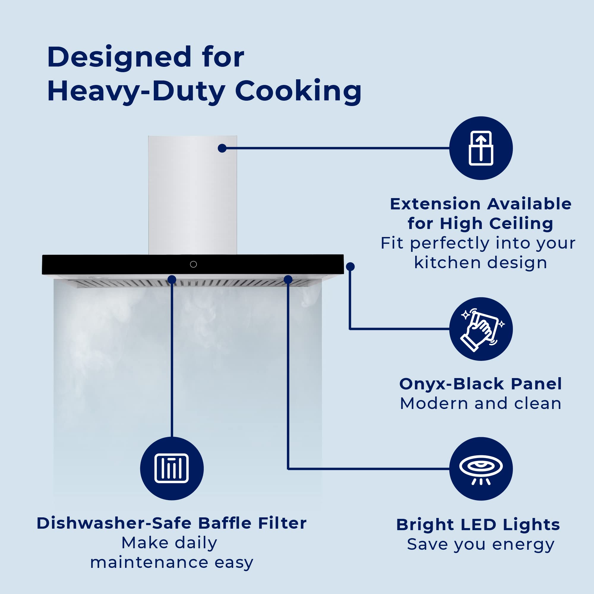 Hauslane Wall Mounted Range Hood 36 Inch WM-739, Powerful Suction, Wall Mount Kitchen Vent, Stainless Steel, Black Glass Panel, 3 Speed Touch Control, Baffle Filter Vented or Ventless 6" Duct
