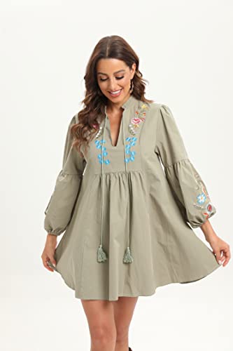 Aofur Women Bohemian Vintage Embroidered Cotton Spring Shift Mini Dress Long Sleeve Casual Tops Blouse (Medium, SR069 Green)