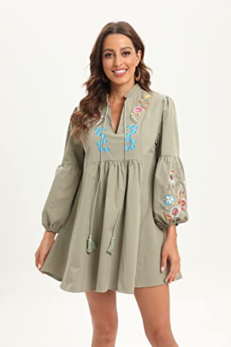 Aofur Women Bohemian Vintage Embroidered Cotton Spring Shift Mini Dress Long Sleeve Casual Tops Blouse (Medium, SR069 Green)