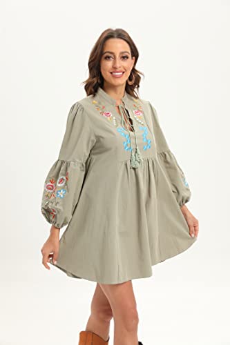 Aofur Women Bohemian Vintage Embroidered Cotton Spring Shift Mini Dress Long Sleeve Casual Tops Blouse (Medium, SR069 Green)