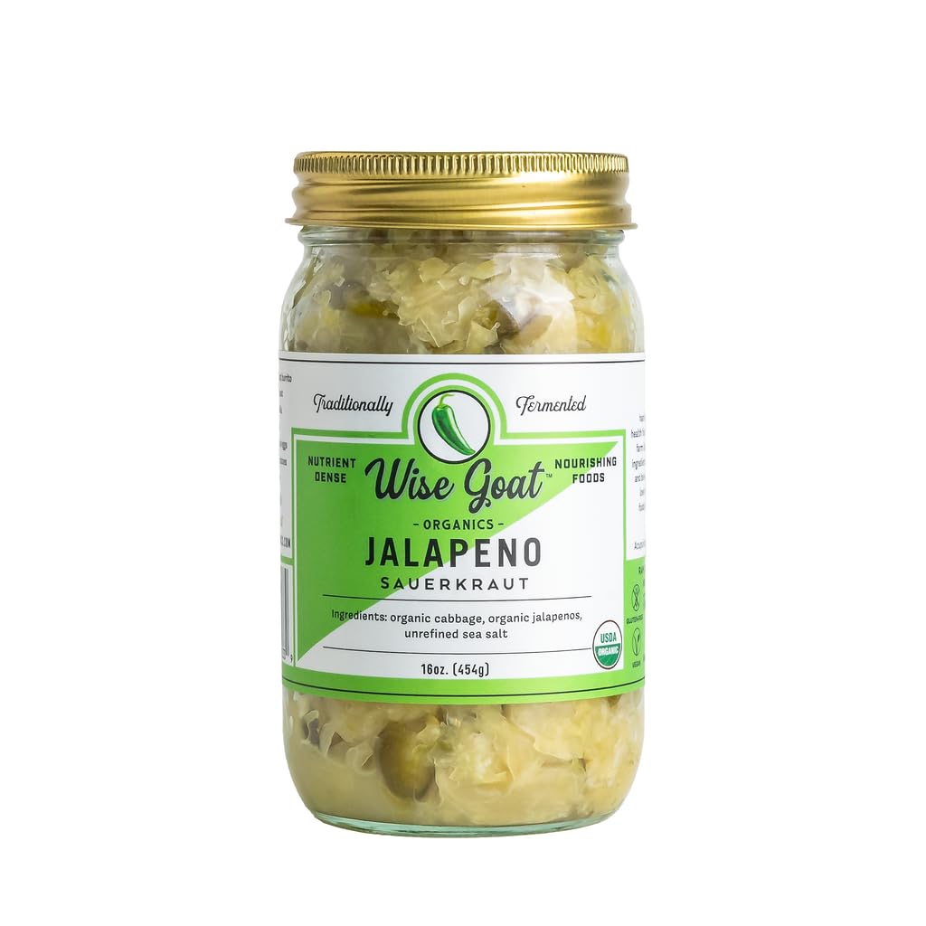 Raw Organic Fermented Probiotic Sauerkraut, "Jalapeno" Variety [Vegan, Gluten Free, Non-GMO, Probiotic] 16oz Glass Jar by Wise Goat Organics