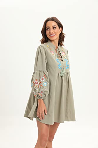 Aofur Women Bohemian Vintage Embroidered Cotton Spring Shift Mini Dress Long Sleeve Casual Tops Blouse (Medium, SR069 Green)