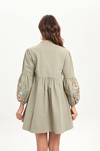 Aofur Women Bohemian Vintage Embroidered Cotton Spring Shift Mini Dress Long Sleeve Casual Tops Blouse (Medium, SR069 Green)