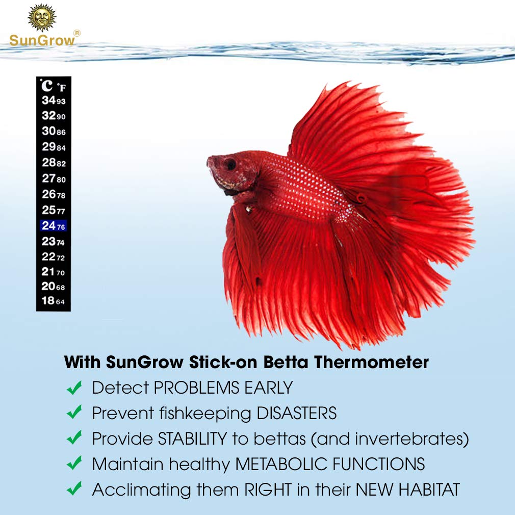 SunGrow Betta Fish Tank Thermometer Stick On, Aquarium Temperature Sticker Strip, 5.2 x 0.7 Inches, Green & Blue Temperature Indicator, Amphibian and Reptile Thermometer Sticker, Black, 1 Pc