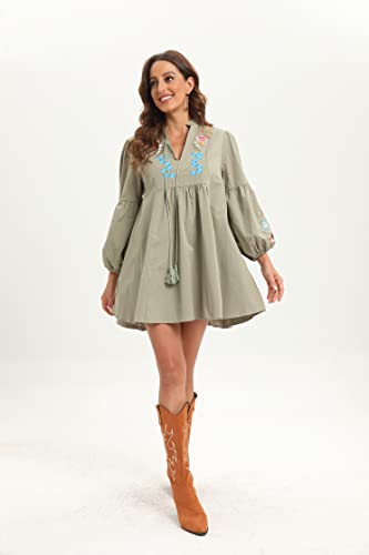 Aofur Women Bohemian Vintage Embroidered Cotton Spring Shift Mini Dress Long Sleeve Casual Tops Blouse (Medium, SR069 Green)