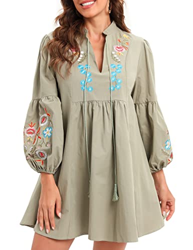 Aofur Women Bohemian Vintage Embroidered Cotton Spring Shift Mini Dress Long Sleeve Casual Tops Blouse (Medium, SR069 Green)