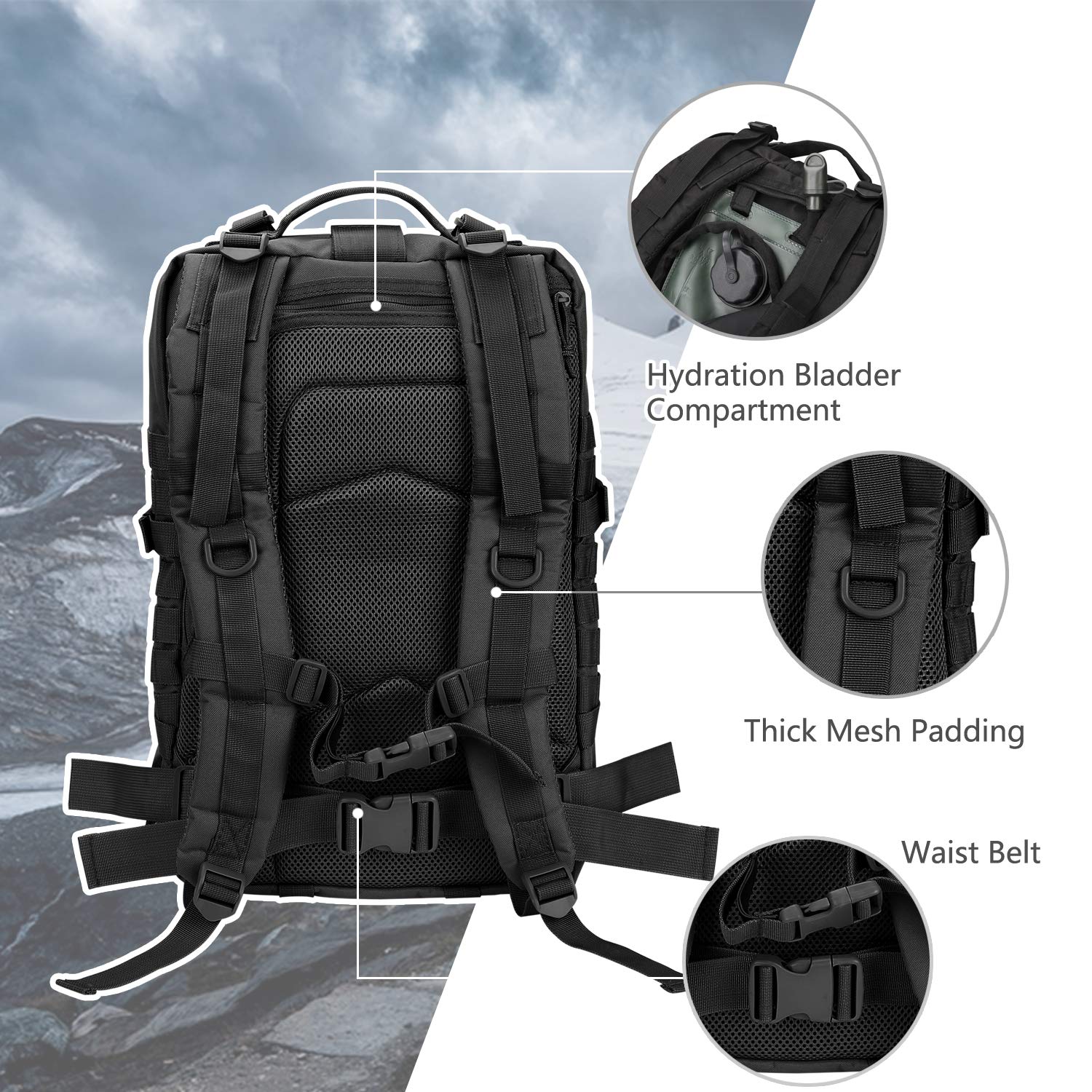 Hannibal Tactical MOLLE Assault Backpack, Tactical Backpack Military Army Camping Rucksack, 3-Day Pack Trip w/USA Flag Patch, D-Rings, Black