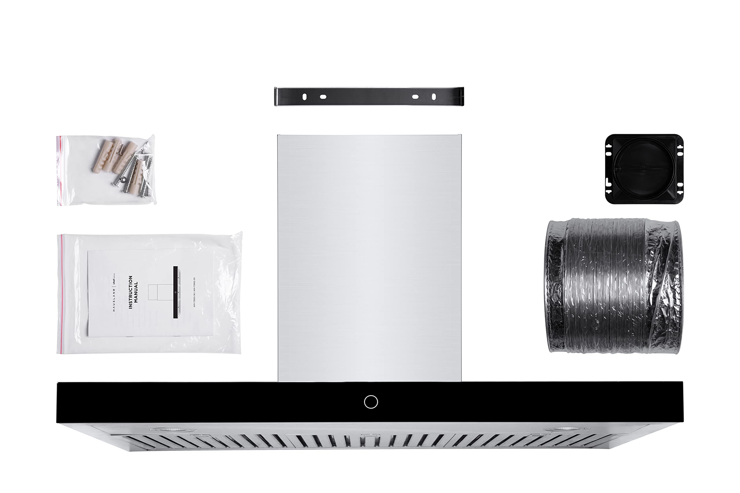 Hauslane Wall Mounted Range Hood 36 Inch WM-739, Powerful Suction, Wall Mount Kitchen Vent, Stainless Steel, Black Glass Panel, 3 Speed Touch Control, Baffle Filter Vented or Ventless 6" Duct