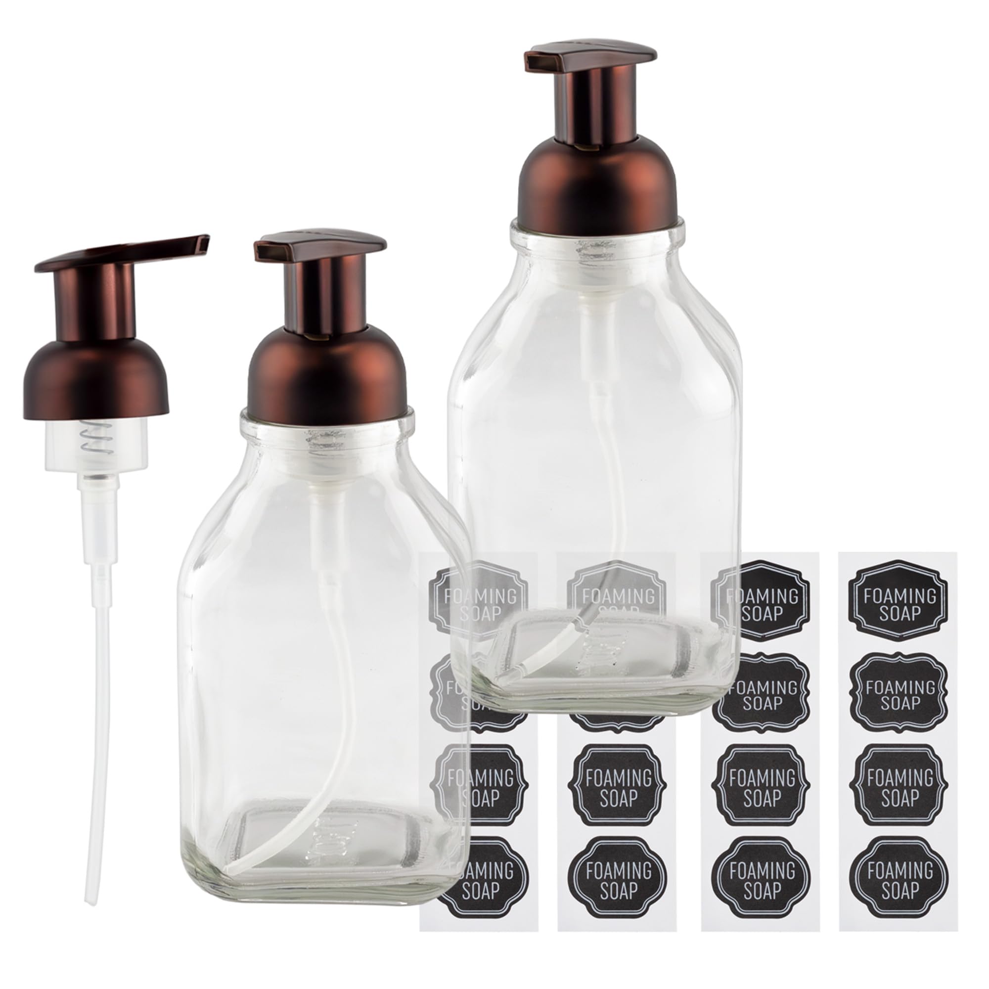 Cornucopia Brands 16-Ounce Square Glass Foaming Soap Dispensers (2-Pack, Clear Bottle w/Bronze Color Pump)
