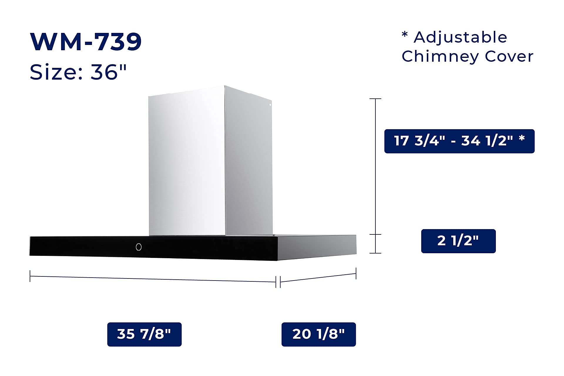 Hauslane Wall Mounted Range Hood 36 Inch WM-739, Powerful Suction, Wall Mount Kitchen Vent, Stainless Steel, Black Glass Panel, 3 Speed Touch Control, Baffle Filter Vented or Ventless 6" Duct