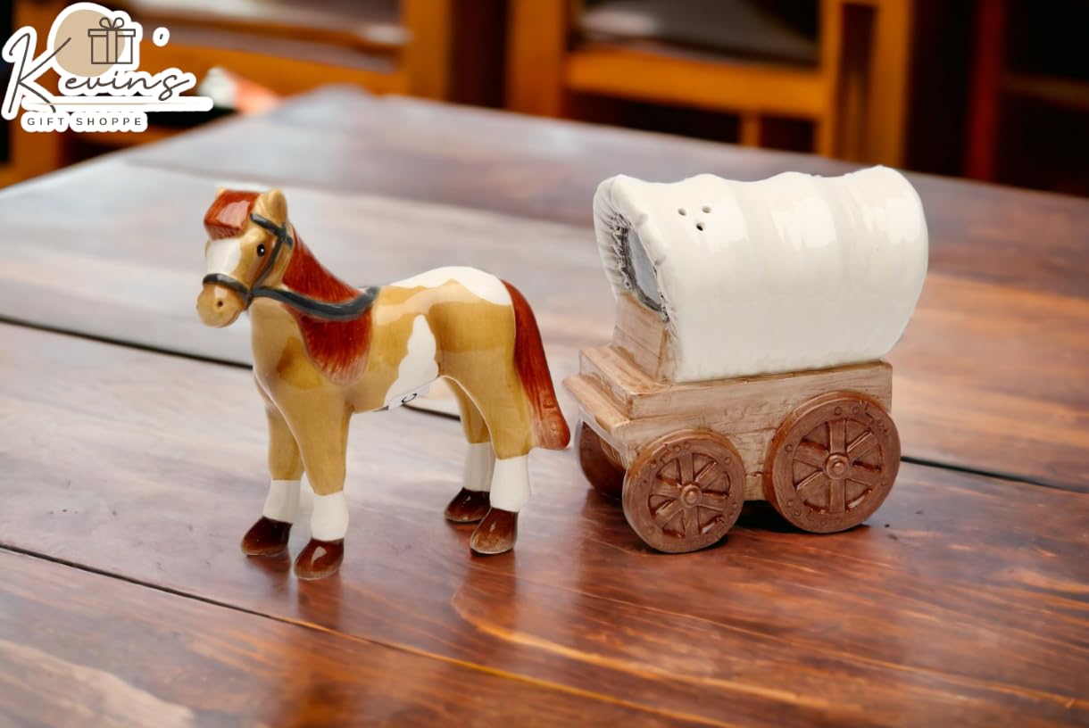 Fine Ceramic Western Pioneer Horse & Covered Wagon Salt & Pepper Shakers Set, 3-1/4" H