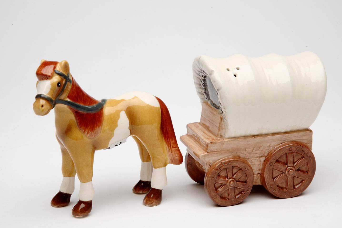 Fine Ceramic Western Pioneer Horse & Covered Wagon Salt & Pepper Shakers Set, 3-1/4" H
