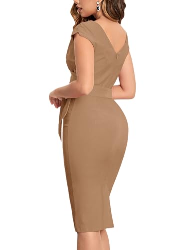 MUXXN Lady Summer Cut Out Neck Bowknot Tie Stretch Wear to Work Midi Dress (Camel XL)