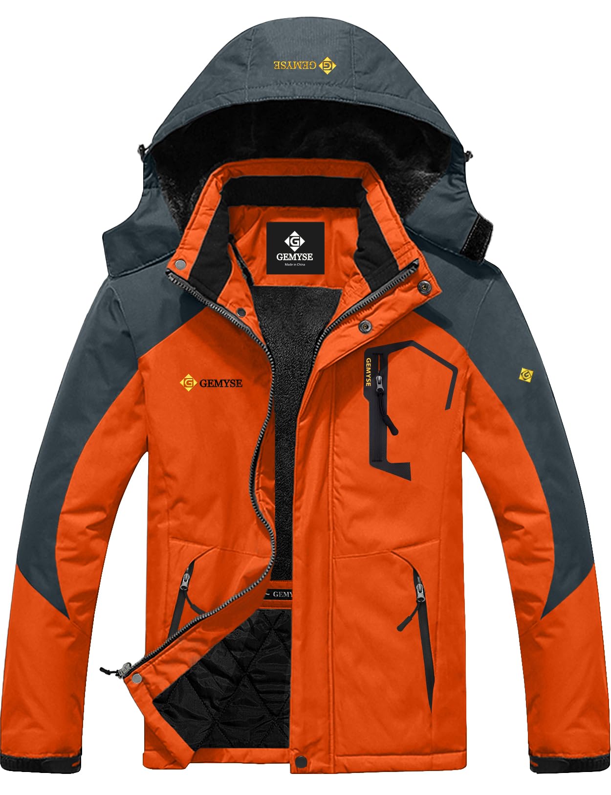 GEMYSE Men's Mountain Waterproof Ski Snow Jacket Winter Windproof Rain Jacket (Orange Grey,Large)