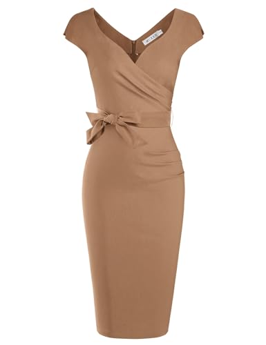 MUXXN Lady Summer Cut Out Neck Bowknot Tie Stretch Wear to Work Midi Dress (Camel XL)